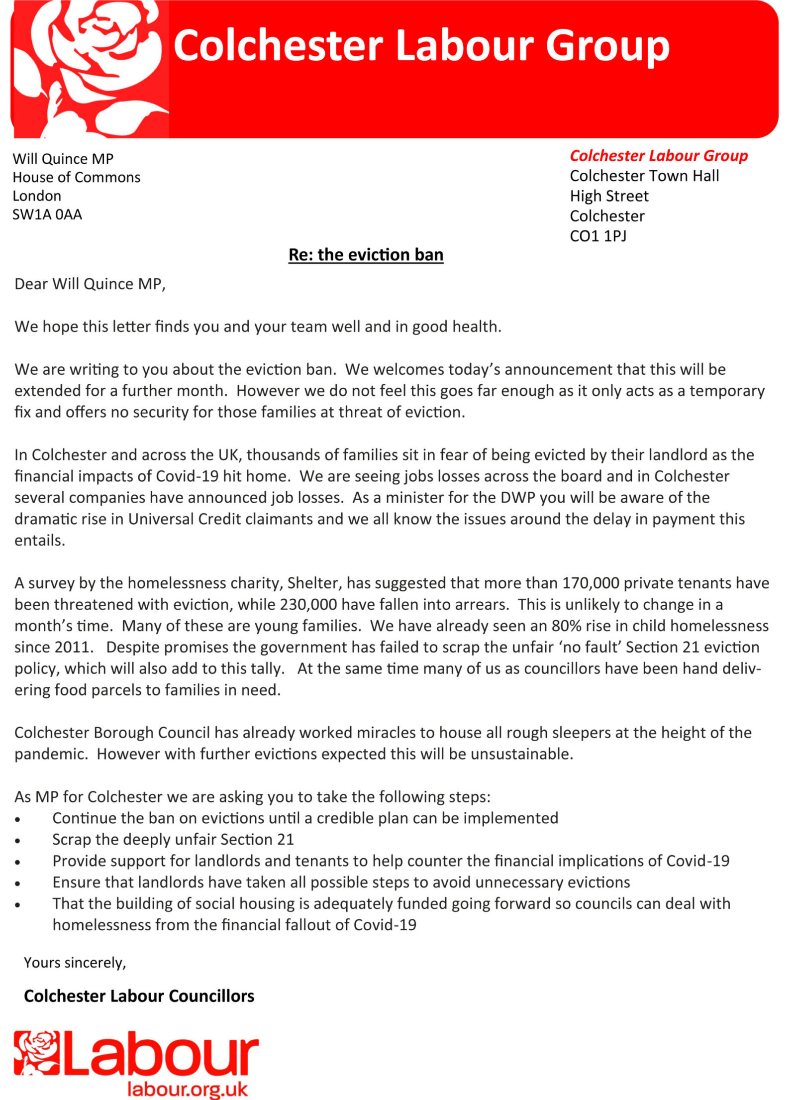 A Letter to Will Quince MP from the Colchester Labour Councillors ...
